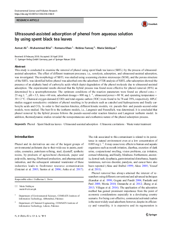 (PDF) Ultrasound-assisted adsorption of phenol from aqueous solution by using spent black tea leaves