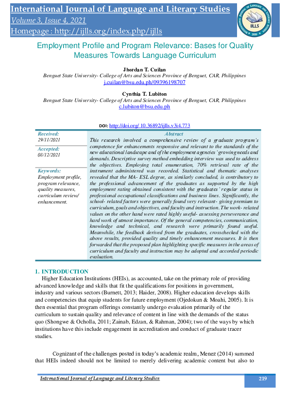 (PDF) Employment Profile and Program Relevance: Bases for Quality ...