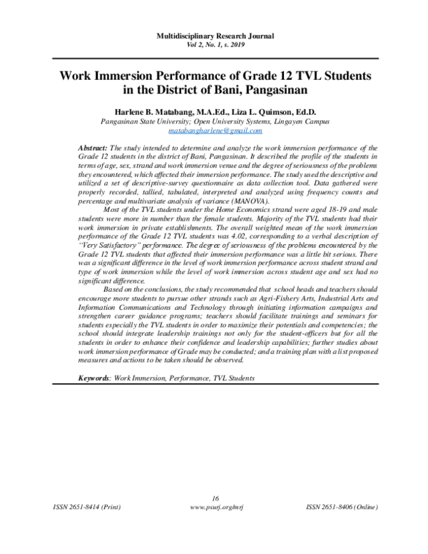 (PDF) Work Immersion Performance of Grade 12 TVL Students in the District of Bani, Pangasinan