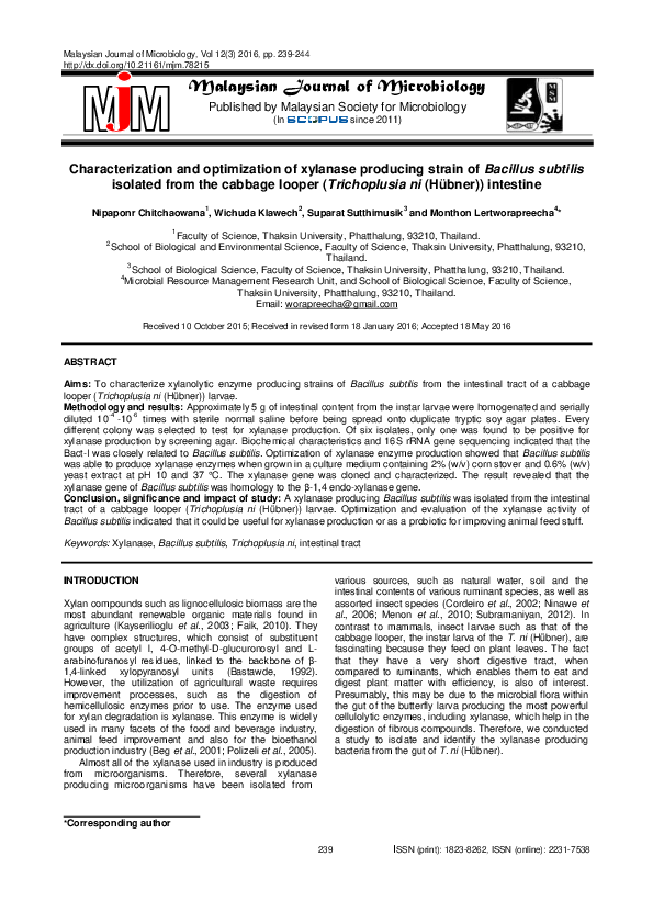 (PDF) Characterization and optimization of xylanase producing strain of Bacillus subtilis ...