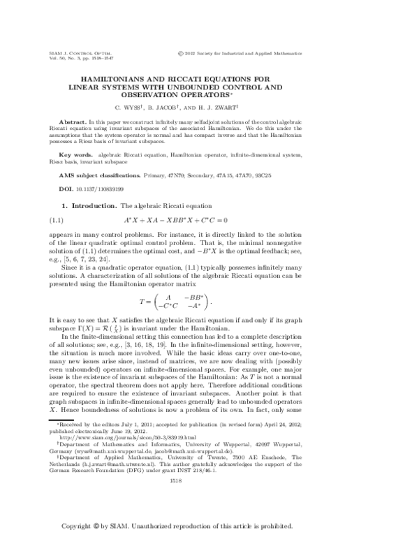 (PDF) Hamiltonians and Riccati Equations for Linear Systems with Unbounded Control and ...