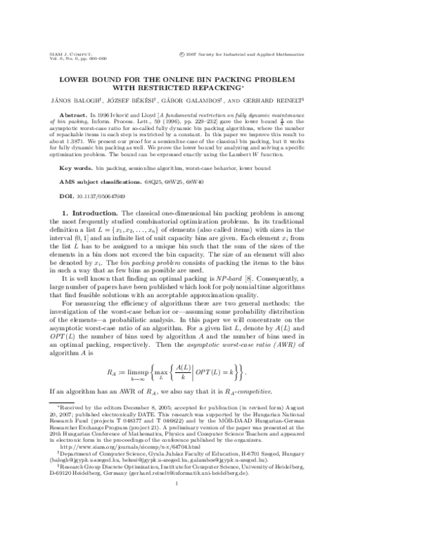 (PDF) Lower Bound for the Online Bin Packing Problem with Restricted Repacking