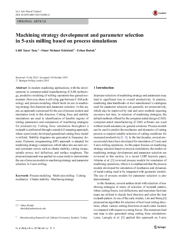 Pdf Machining Strategy Development And Parameter Selection In 5 Axis Milling Based On Process