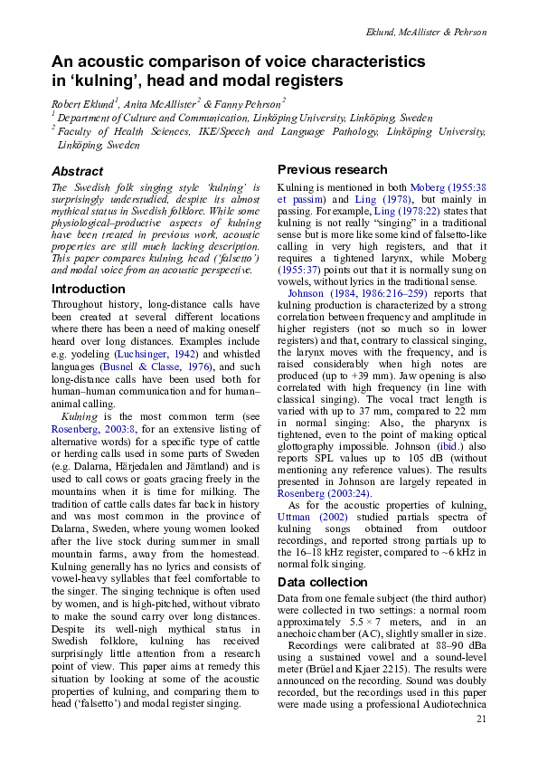 (PDF) An acoustic comparison of voice characteristics in ‘kulning ...