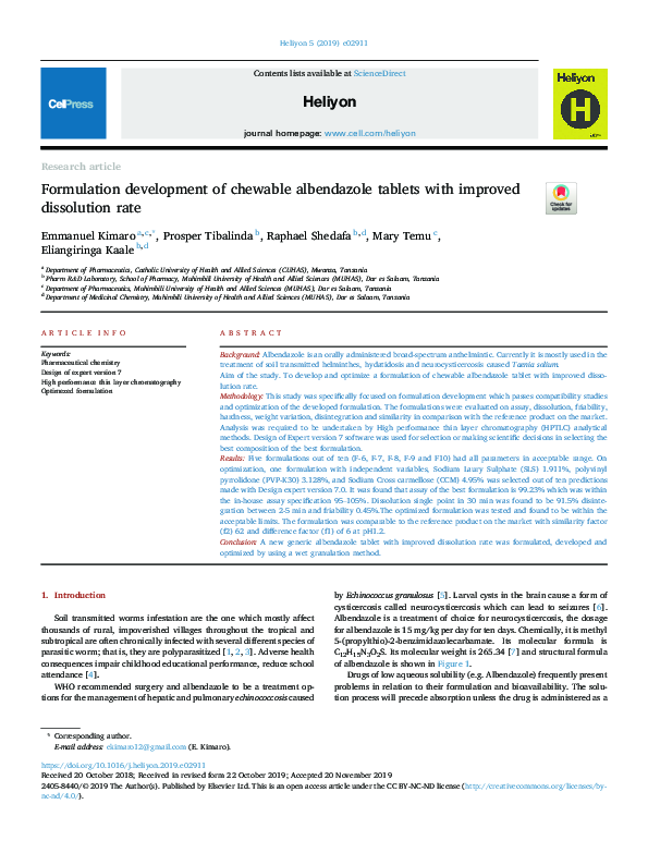 (PDF) Formulation development of chewable albendazole tablets with ...