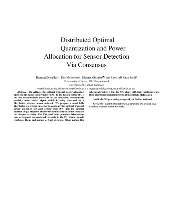 (PDF) Distributed Optimal Quantization and Power Allocation for Sensor Detection via Consensus