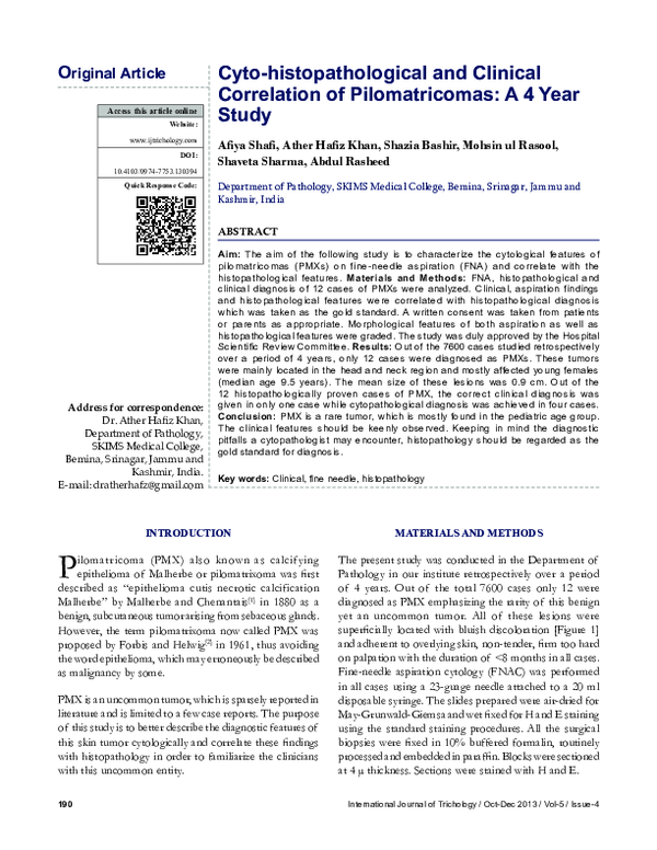 (PDF) Cyto-histopathological and clinical correlation of pilomatricomas ...
