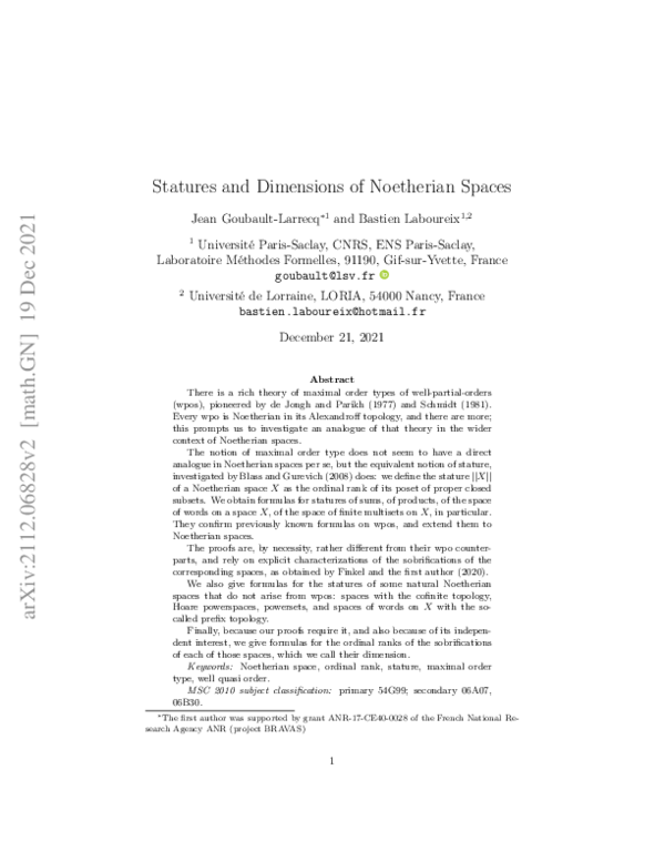 (PDF) Statures and Dimensions of Noetherian Spaces | Jean Goubault-larrecq - Academia.edu