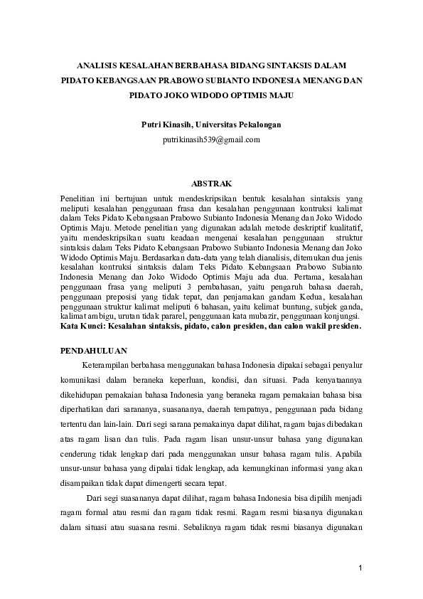 (DOC) ANALISIS KESALAHAN BERBAHASA BIDANG SINTAKSIS DALAM PIDATO KEBANGSAAN PRABOWO SUBIANTO ...
