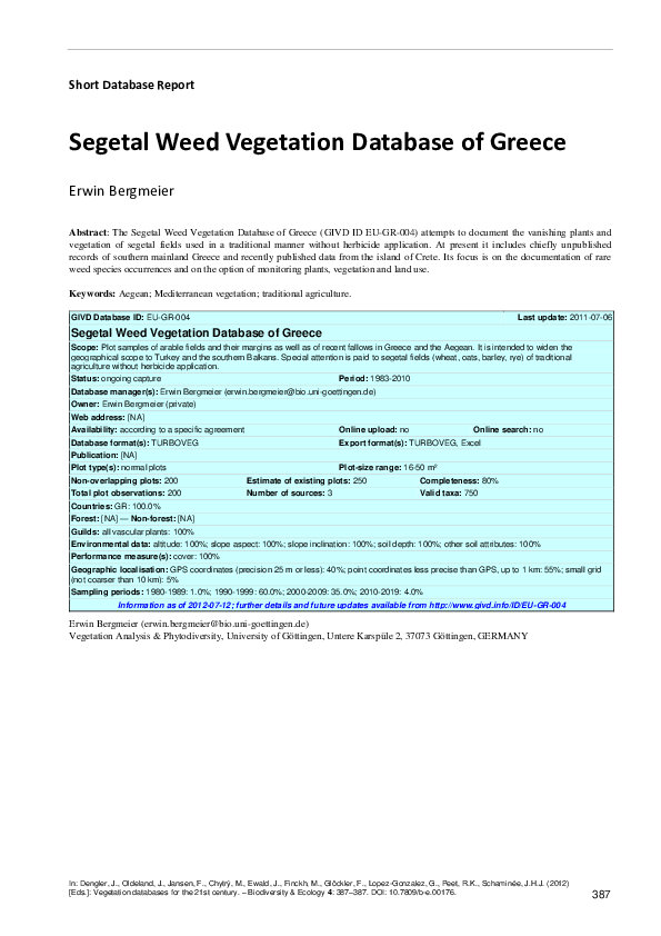 (PDF) Segetal Weed Vegetation Database of Greece