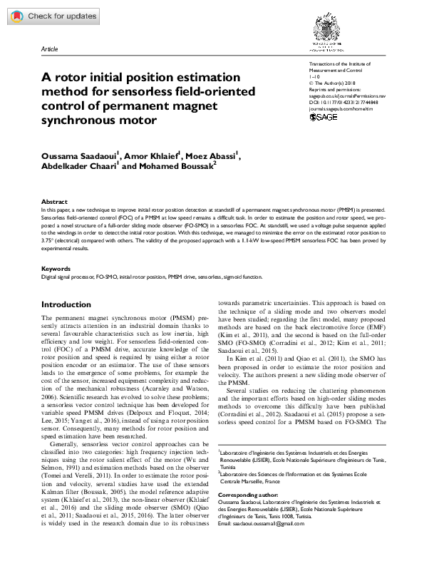 Pdf A Rotor Initial Position Estimation Method For Sensorless Control