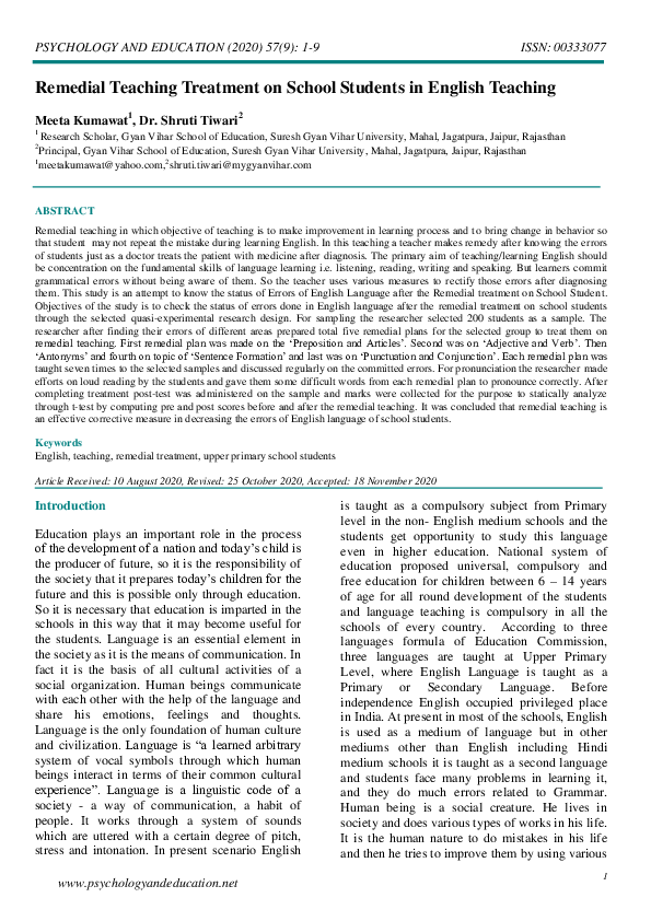 (PDF) Remedial Teaching Treatment on School Students in English Teaching