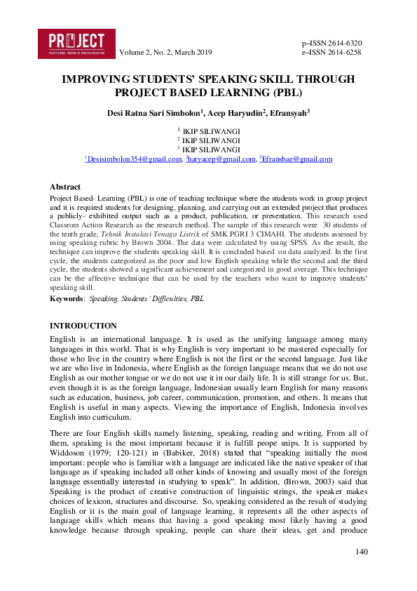 (PDF) Improving Students’ Speaking Skill Through Project Based Learning ...