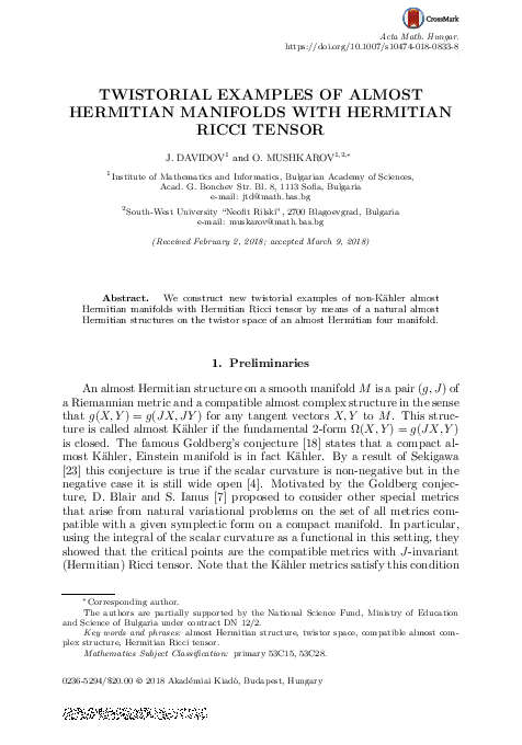 (PDF) Twistorial examples of almost Hermitian manifolds with Hermitian Ricci tensor