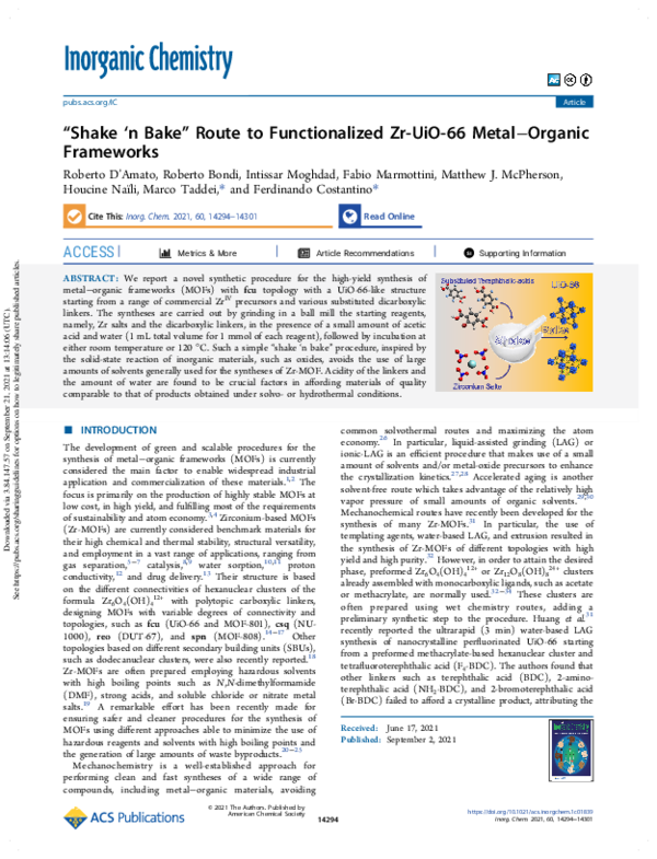 (PDF) “Shake ‘n Bake” Route to Functionalized Zr-UiO-66 Metal–Organic Frameworks