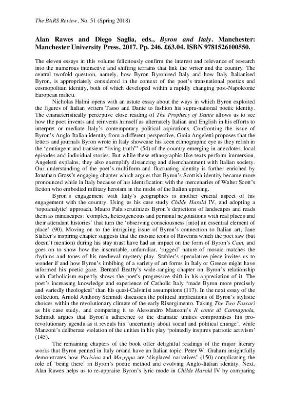 (PDF) Alan Rawes and Diego Saglia, eds., Byron and Italy