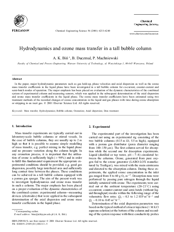 (PDF) Hydrodynamics and ozone mass transfer in a tall bubble column