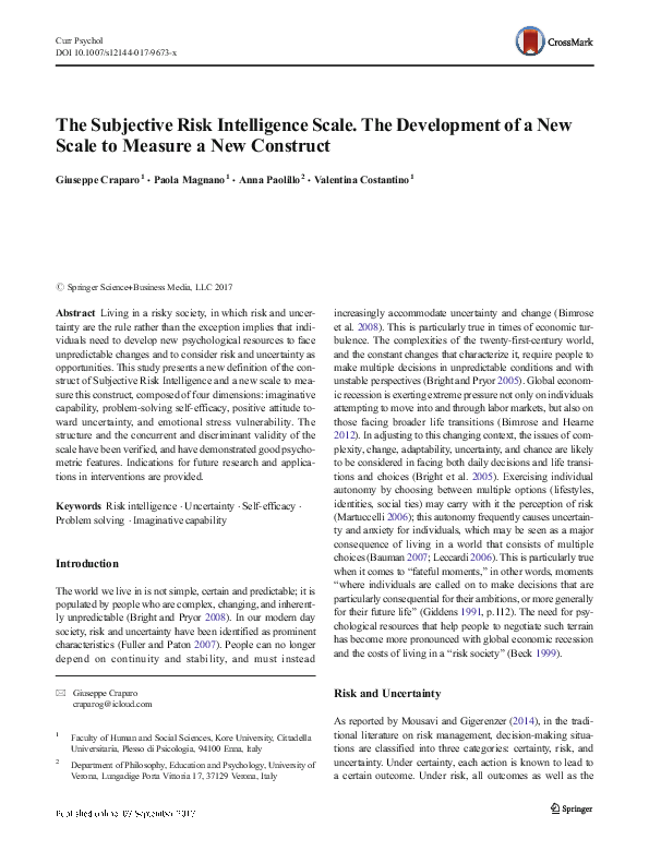 (PDF) The Subjective Risk Intelligence Scale. The Development of a New ...