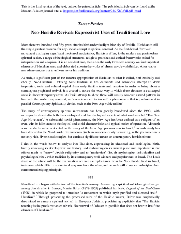 (PDF) Neo-Hasidic Revival: Expressivist Uses of Traditional Lore