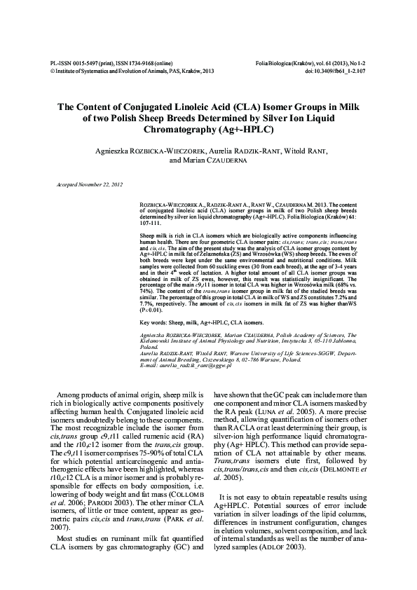(PDF) The Content of Conjugated Linoleic Acid (CLA) Isomer Groups in Milk of two Polish Sheep ...