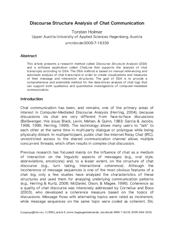 (PDF) Discourse structure analysis of chat communication