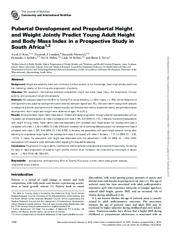 (PDF) Pubertal Development and Prepubertal Height and Weight Jointly Predict Young Adult Height ...