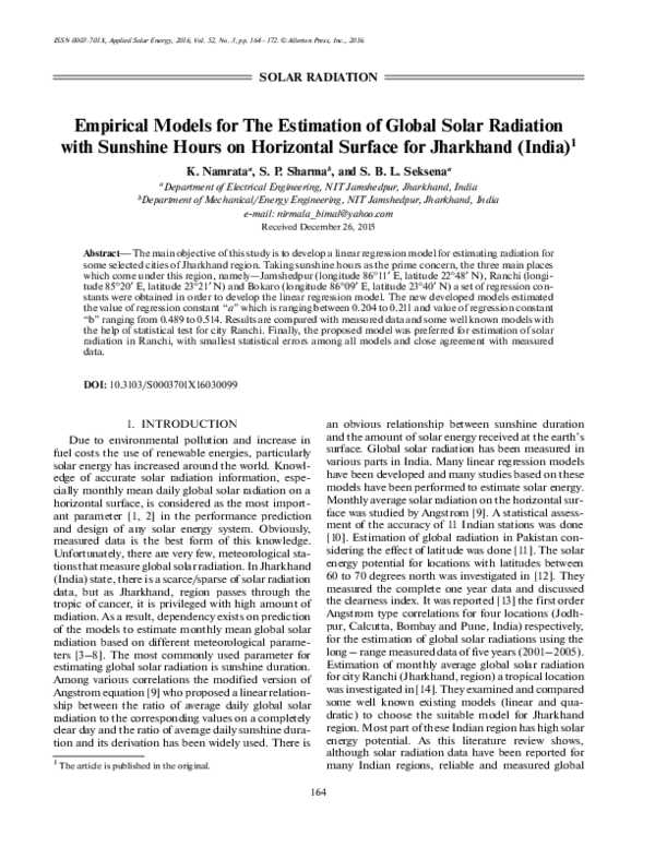 Pdf Empirical Models For The Estimation Of Global Solar Radiation With Meteorological Data For