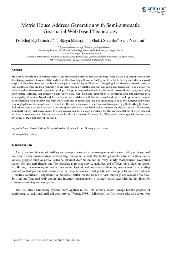 (PDF) Metric House Address Generation with Semi-automatic Geospatial ...