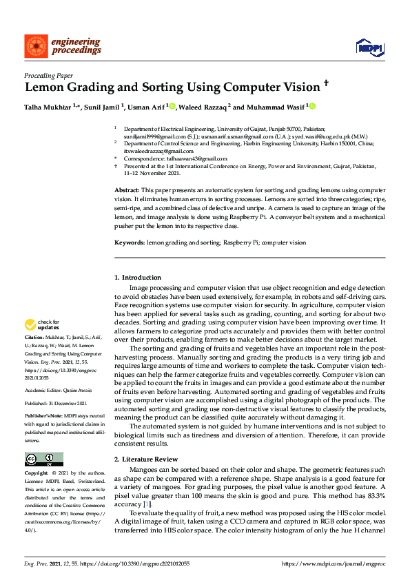 (PDF) Lemon Grading and Sorting Using Computer Vision