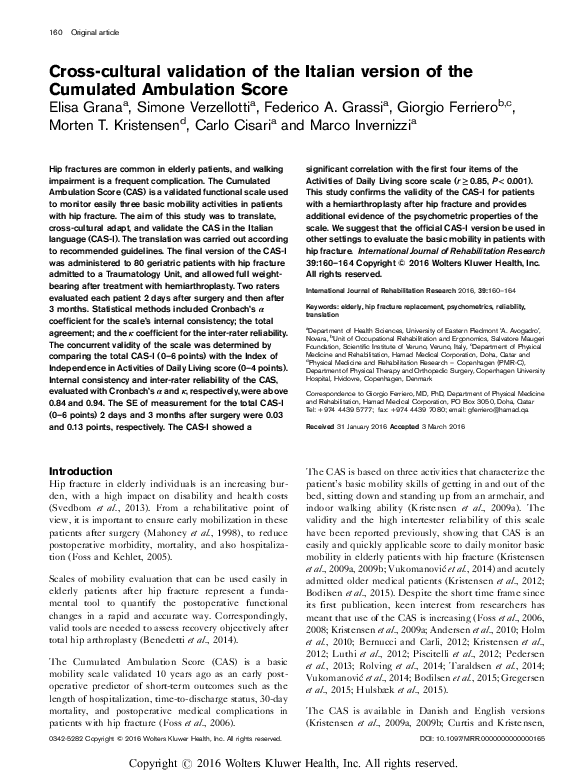 Pdf Cross Cultural Validation Of The Italian Version Of The Cumulated Ambulation Score