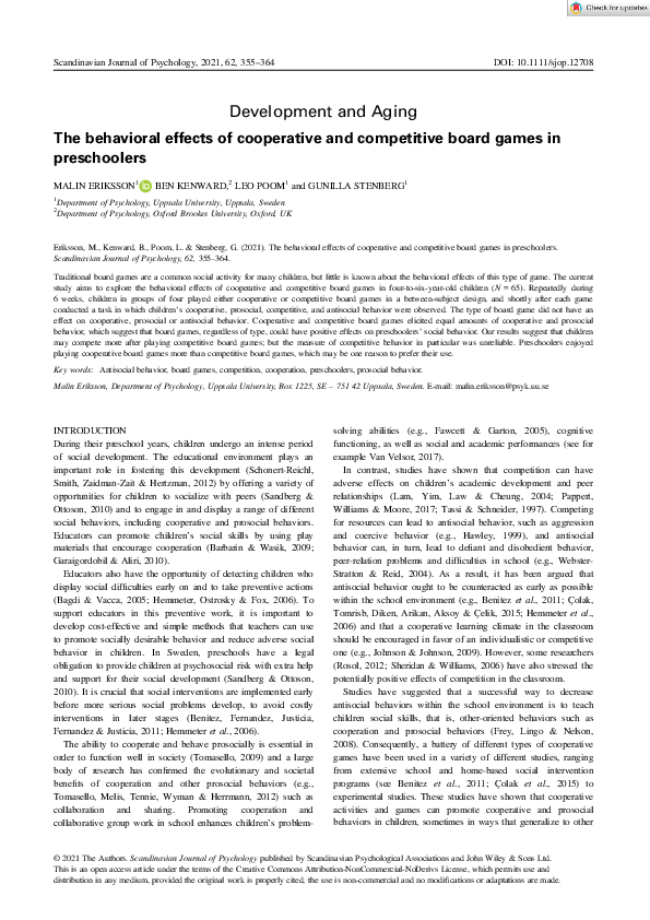 (PDF) The behavioral effects of cooperative and competitive board games ...