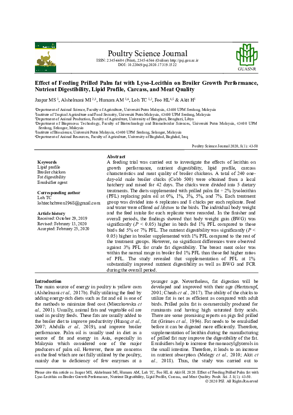 (PDF) Effect of Feeding Prilled Palm fat with Lyso-Lecithin on Broiler ...