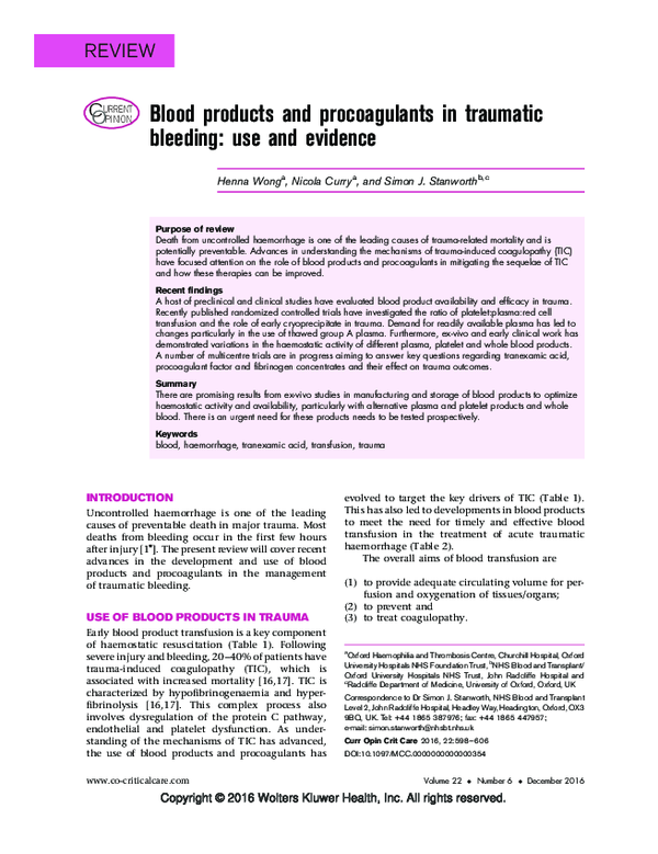 (PDF) Blood products and procoagulants in traumatic bleeding