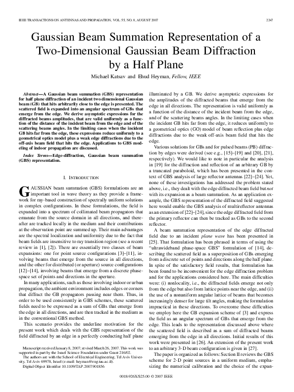 (PDF) Gaussian Beam Summation Representation of a Two-Dimensional Gaussian Beam Diffraction by a ...