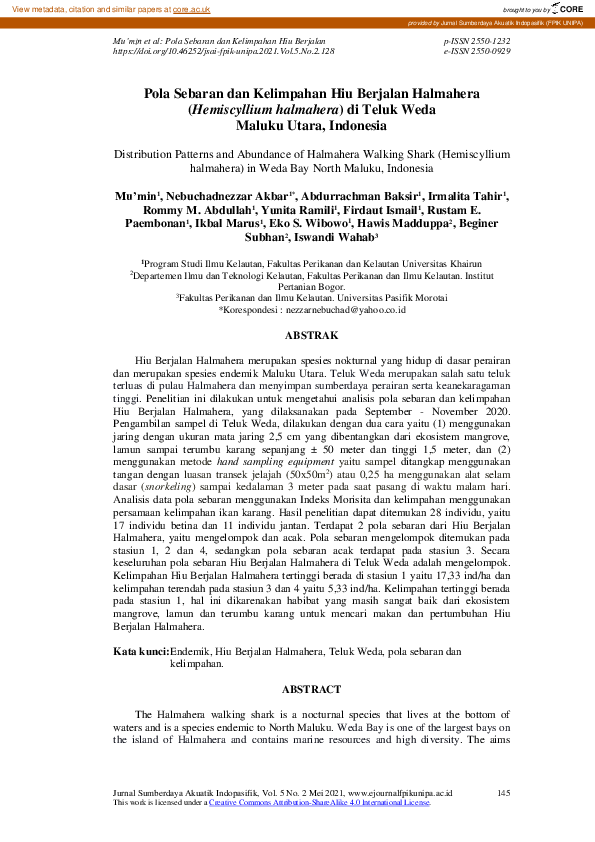 (PDF) Pola Sebaran dan Kelimpahan Hiu Berjalan Halmahera (Hemiscyllium ...