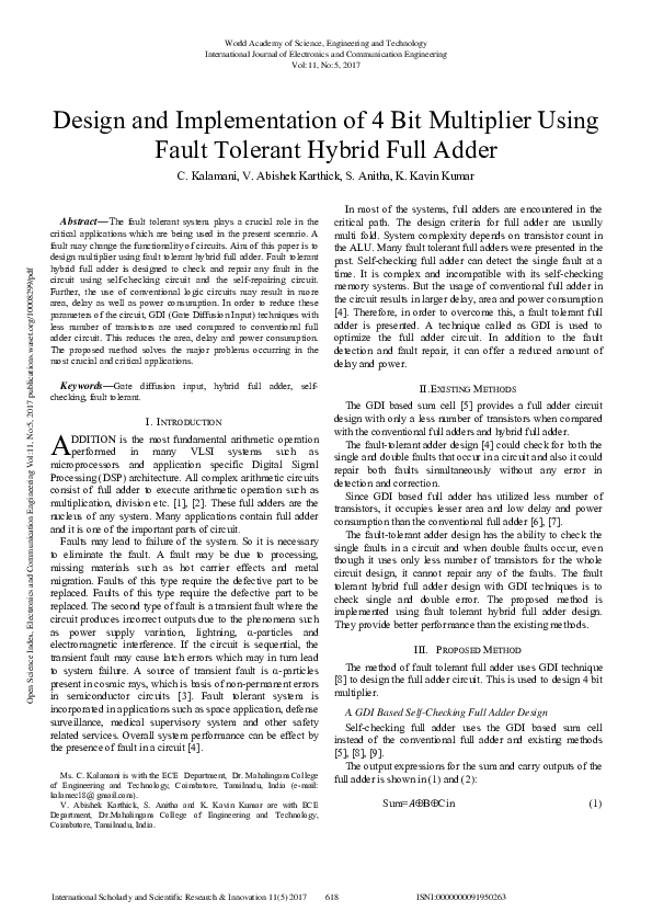 Pdf Design And Implementation Of 4 Bit Multiplier Using Fault