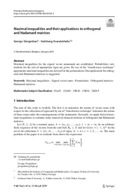 (PDF) Maximal inequalities and their applications to orthogonal and Hadamard matrices