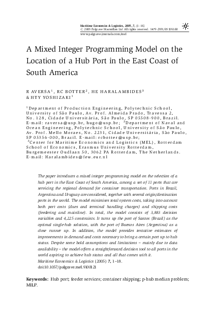 (PDF) A Mixed Integer Programming Model on the Location of a Hub Port ...