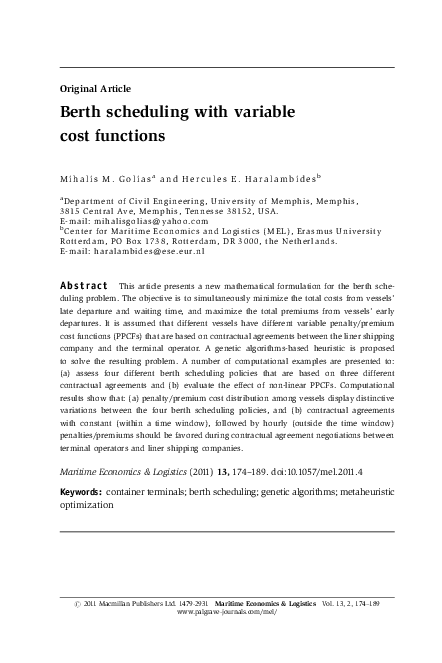 (PDF) Berth scheduling with variable cost functions | Hercules Haralambides - Academia.edu