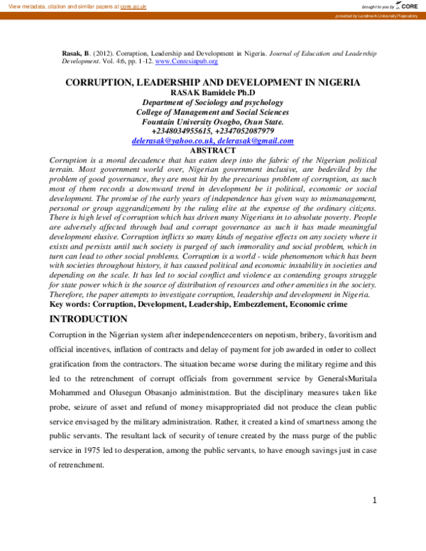 (PDF) Corruption, Leadership and Development in Nigeria