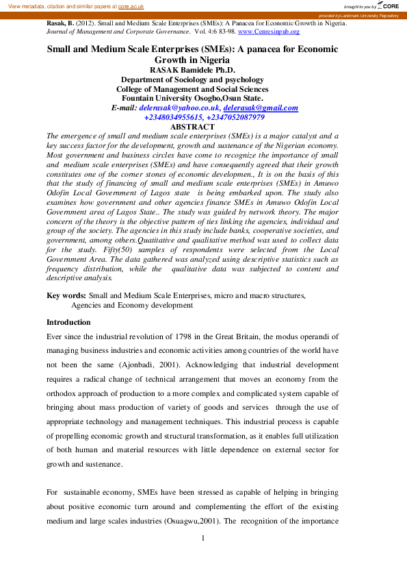 (PDF) Small and Medium Scale Enterprises (SMEs): A panacea for Economic ...