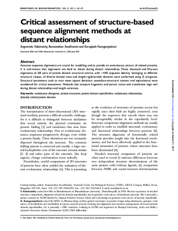 Pdf Critical Assessment Of Structure Based Sequence Alignment Methods At Distant Relationships