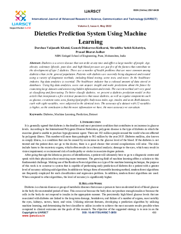 (PDF) Dietetics Prediction System Using Machine Learning