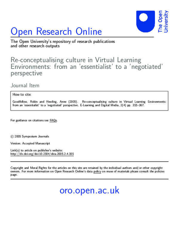 (PDF) Reconceptualising Culture in Virtual Learning Environments: from ...