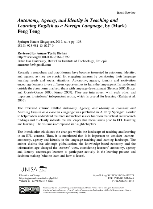 (PDF) Autonomy, Agency, and Identity in Teaching and Learning English ...