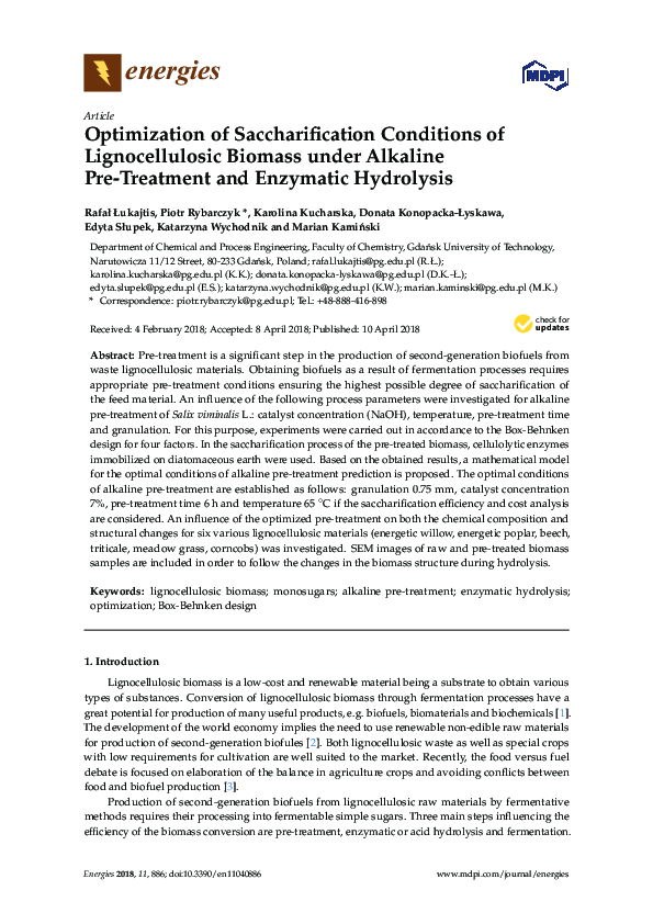 (PDF) Optimization of Saccharification Conditions of Lignocellulosic Biomass under Alkaline Pre ...