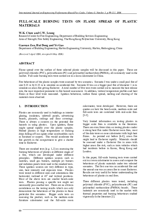 (PDF) Full-scale burning tests on flame spread of plastic materials
