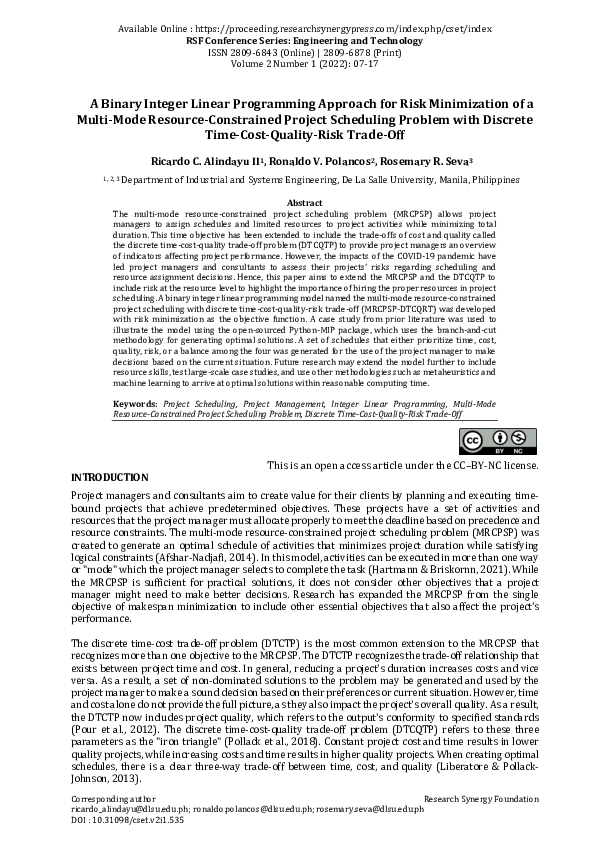 (PDF) A Binary Integer Linear Programming Approach for Risk Minimization of a Multi-Mode ...