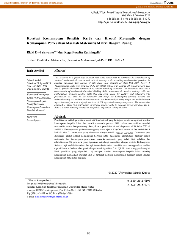 (PDF) Korelasi Kemampuan Berpikir Kritis dan Kreatif Matematis dengan Kemampuan Pemecahan ...