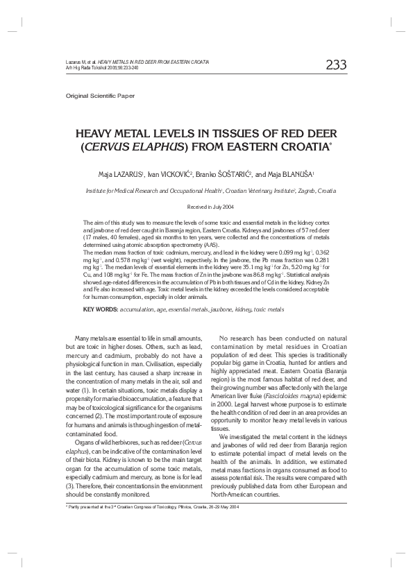 (PDF) Heavy metal levels in tissues of red deer (Cervus elaphus) from ...
